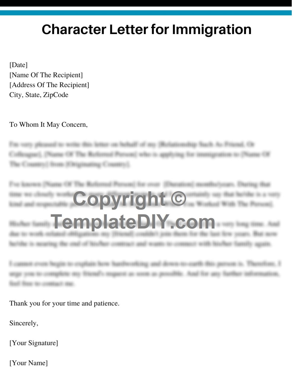 Character Letter for Immigration Sample Template PDF, Word