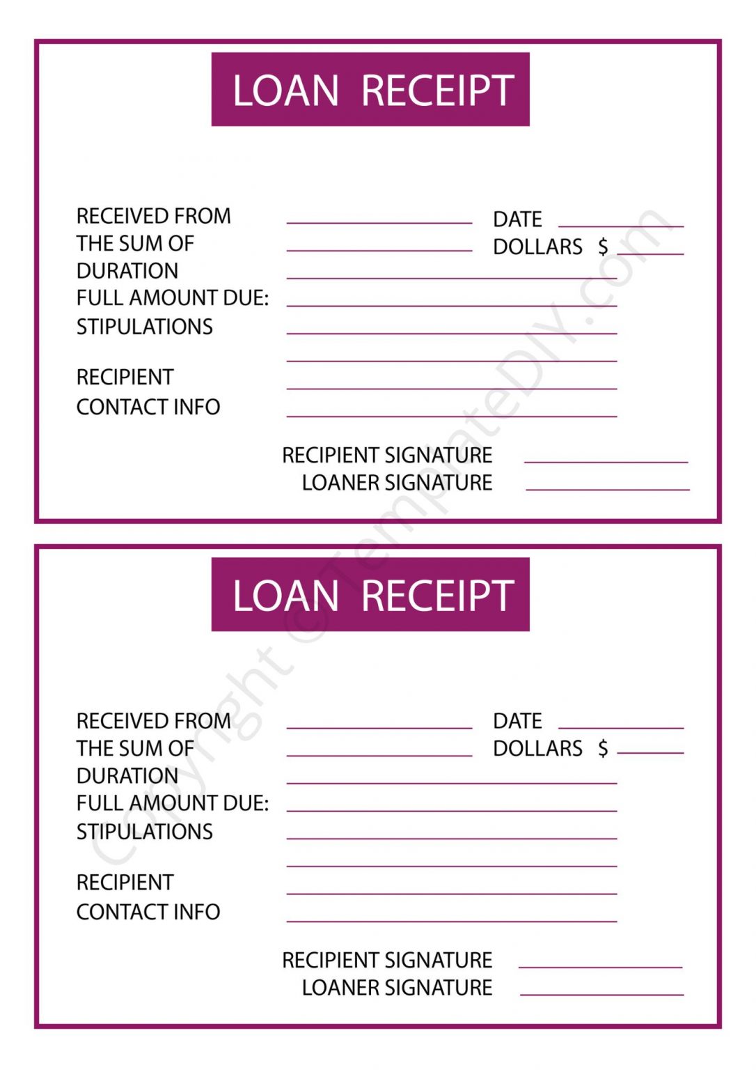 Download Printable Loan Receipt Template PDF & Word