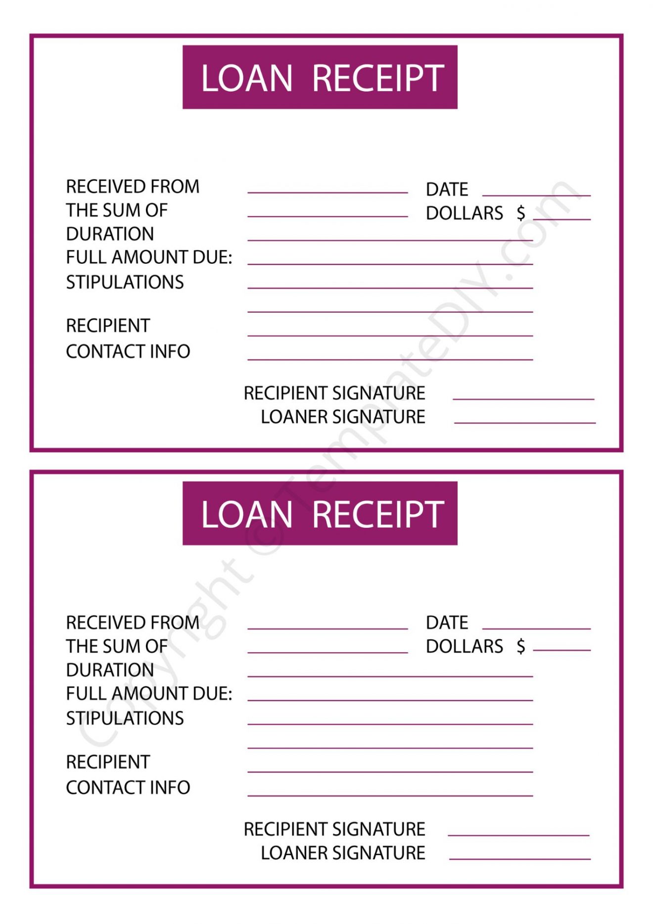 Download Printable Loan Receipt Template PDF & Word