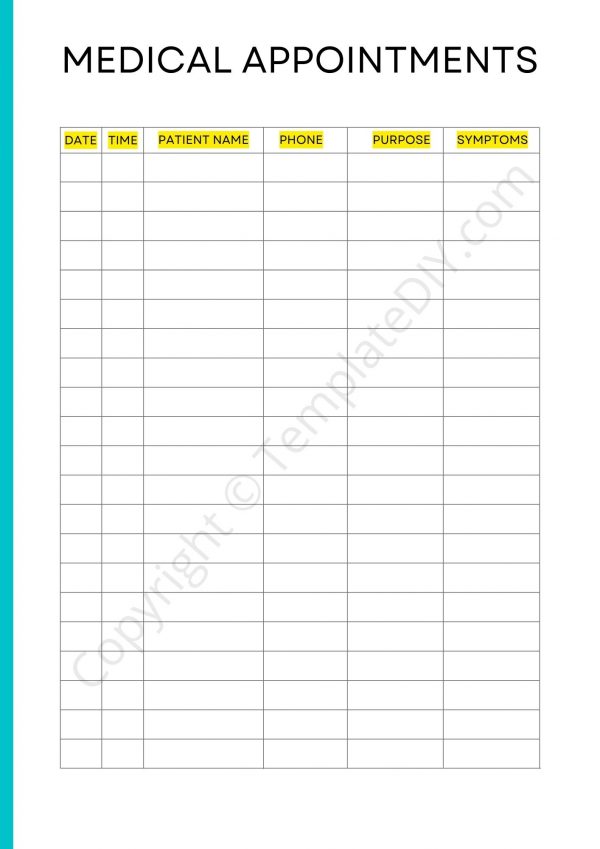 Medical Appointment Tracker Printable Template PDF, Word