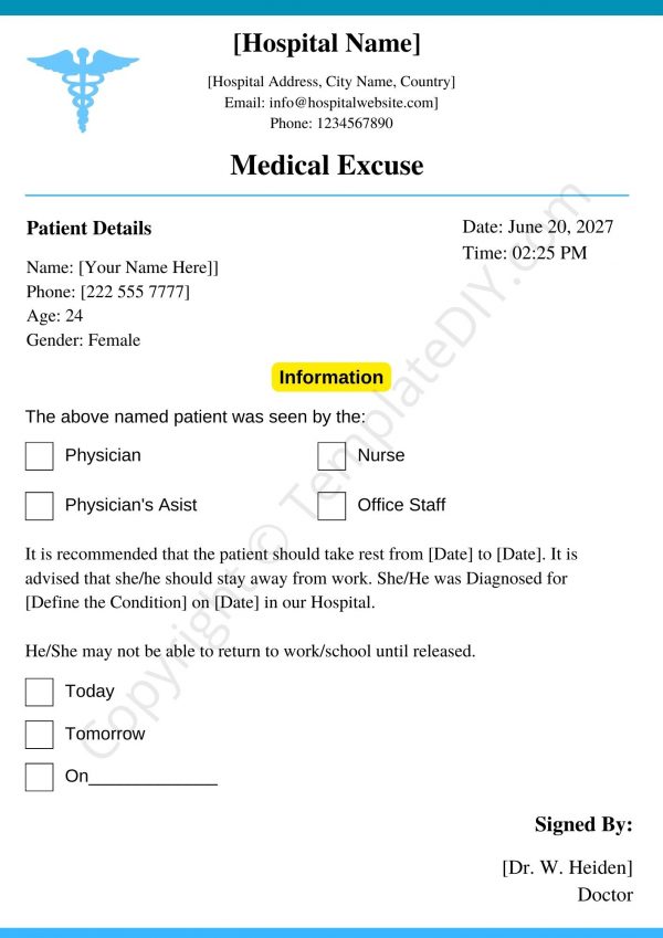 Medical Excuse for Work Template Printable in PDF and Word