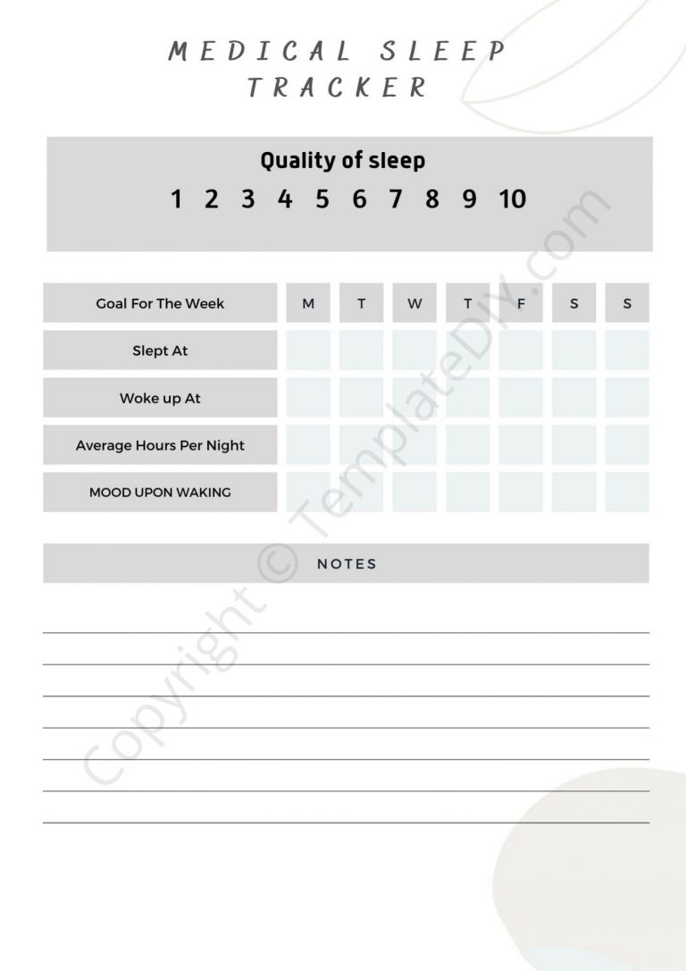 Medical Sleep Tracker Template Chart Printable PDF, Excel