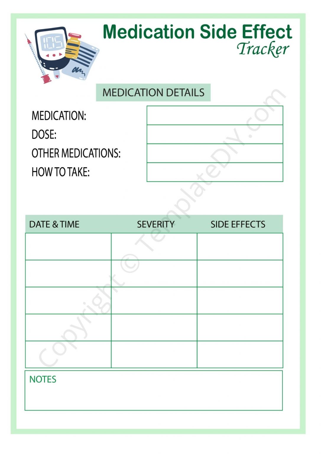Medication Side Effect Tracker Template Chart PDF, Excel