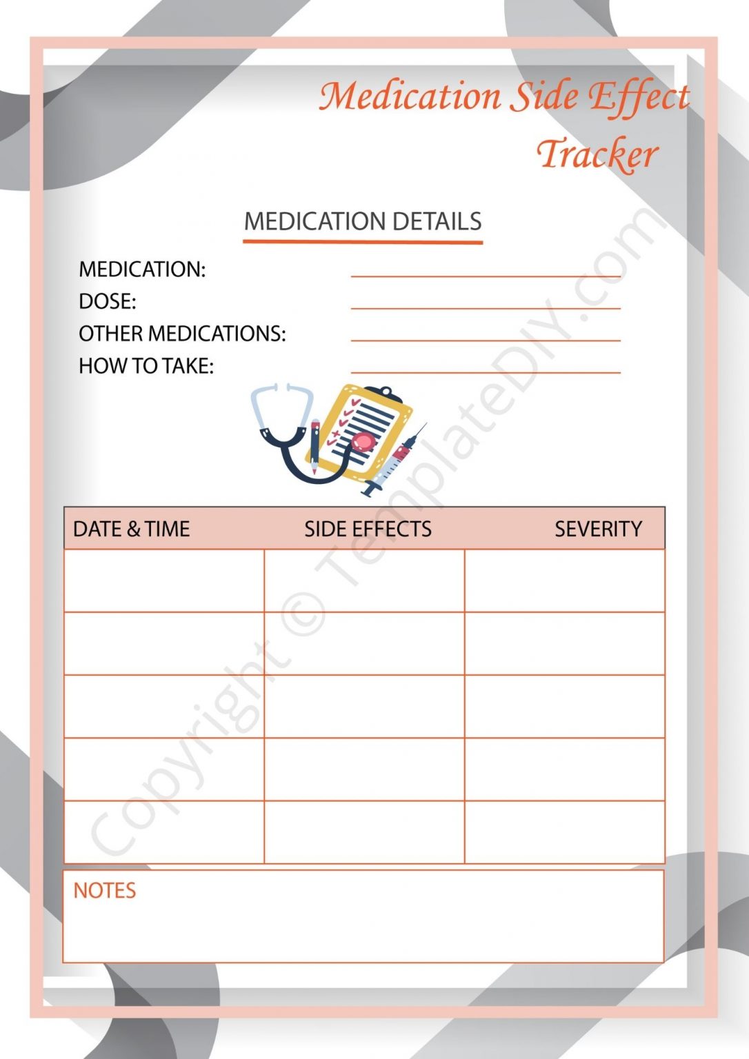Medication Side Effect Tracker Template Chart PDF, Excel