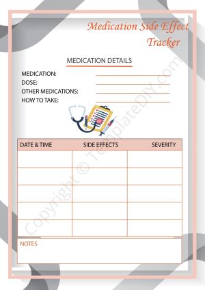 Medication Side Effect Tracker Template Chart PDF, Excel