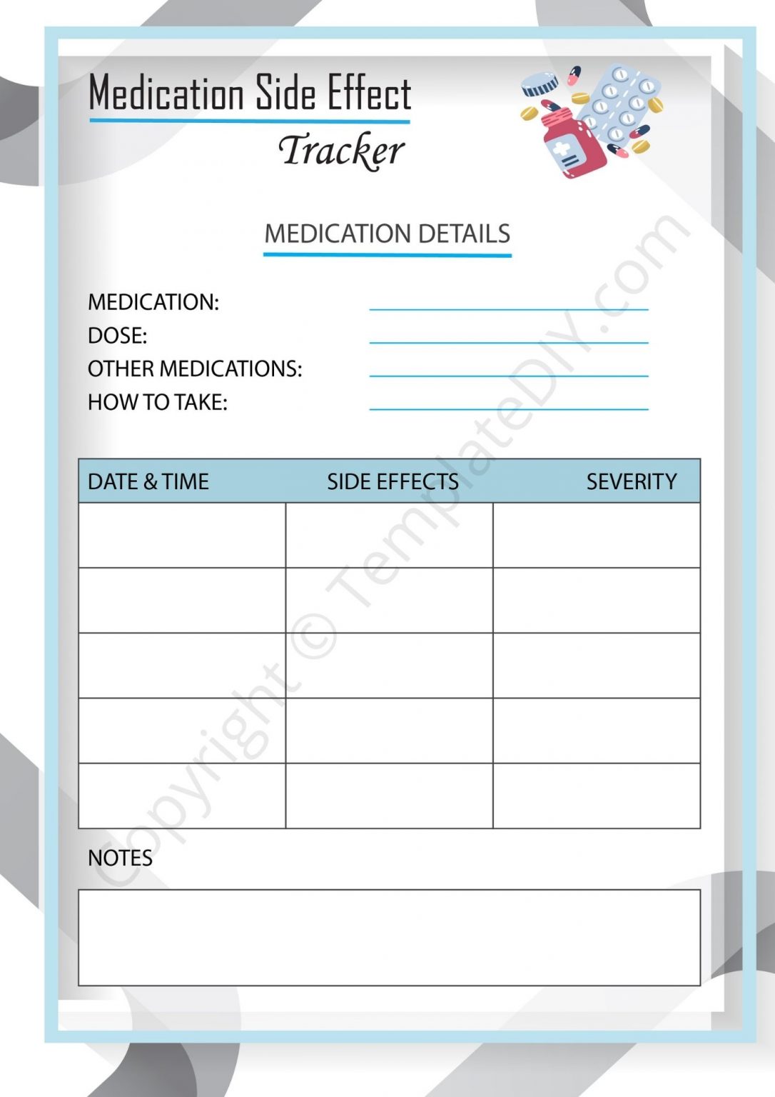 Medication Side Effect Tracker Template Chart PDF, Excel