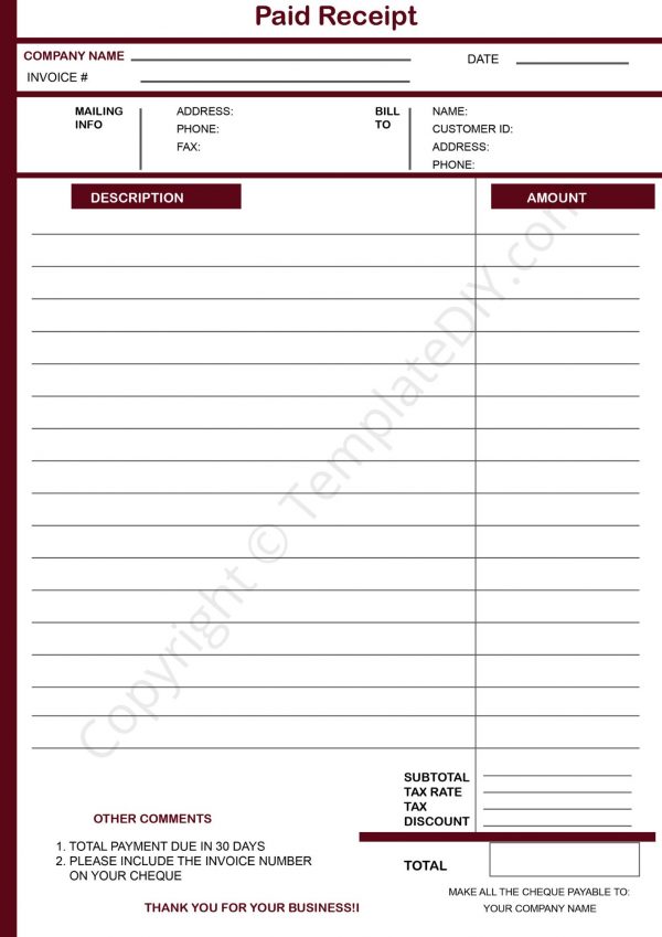 Paid Receipt Template Blank Printable [Pdf, Excel, Word]