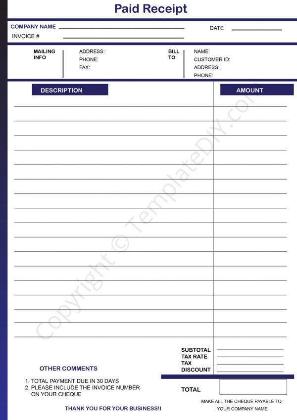 Paid Receipt Template Blank Printable [Pdf, Excel, Word]