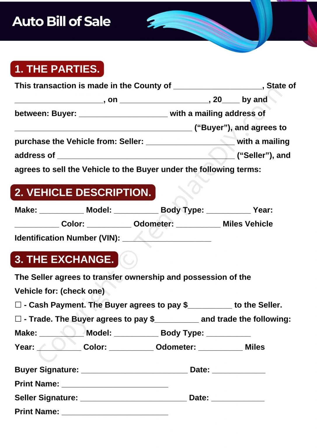 Auto Bill of Sale Form Template Printable in PDF, Word