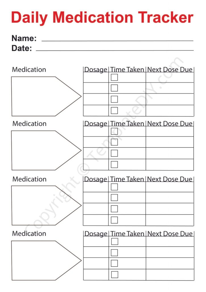 Daily Medication Tracker Template Blank Printable PDF, Word