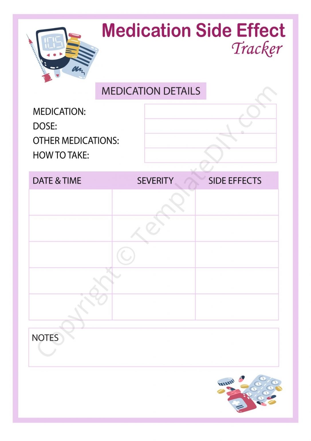 Medication Side Effect Tracker Template Chart PDF, Excel