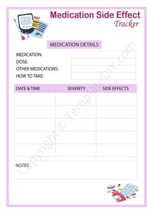 Medication Side Effect Tracker Template Chart PDF, Excel