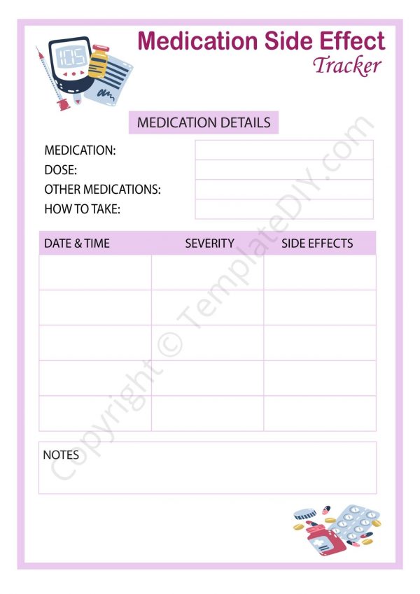 Medication Side Effect Tracker Template Chart PDF, Excel