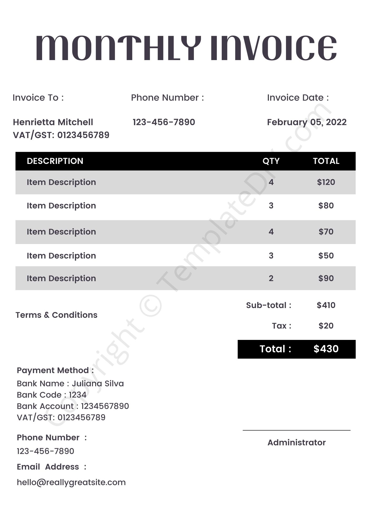 Monthly Invoice Template Blank Printable in PDF, Excel, Word