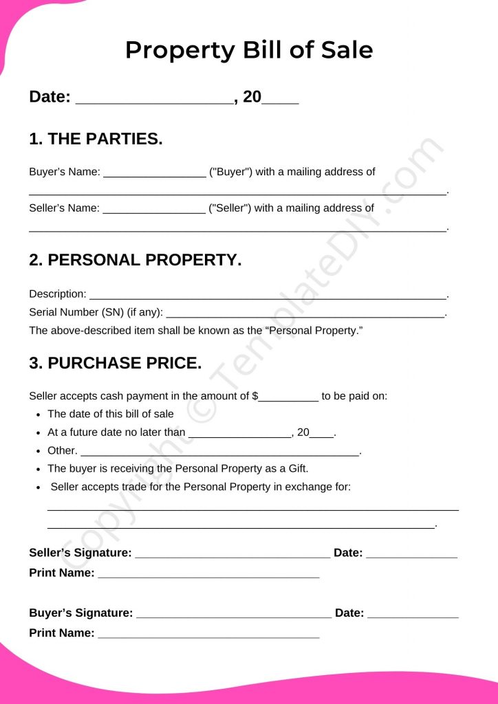 Property Bill of Sale Form Template Printable PDF, Word