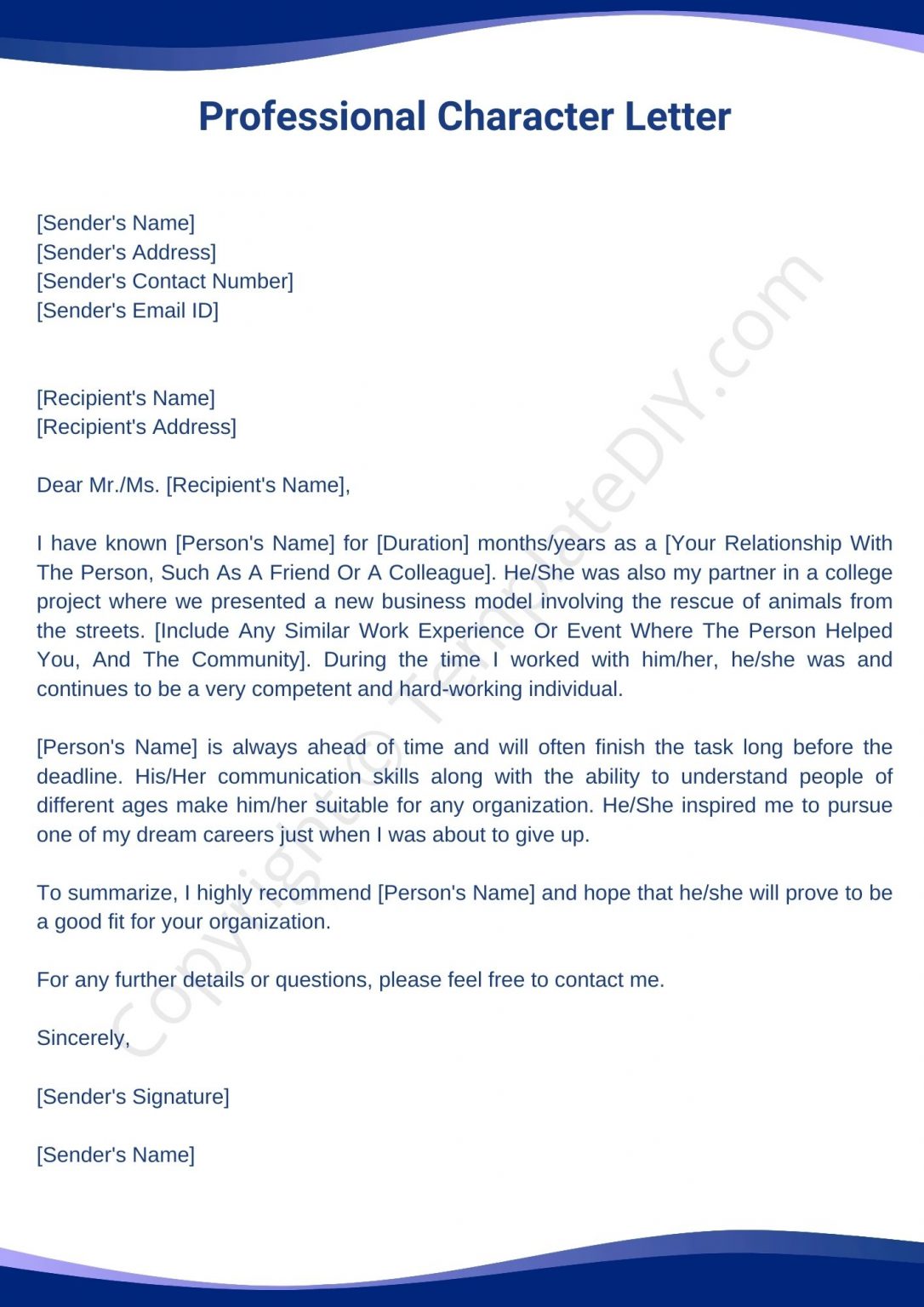 Professional Character Reference Letter Sample in Pdf, Word