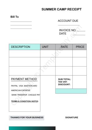 Summer Camp Receipt Template Printable Pdf, Excel, Word