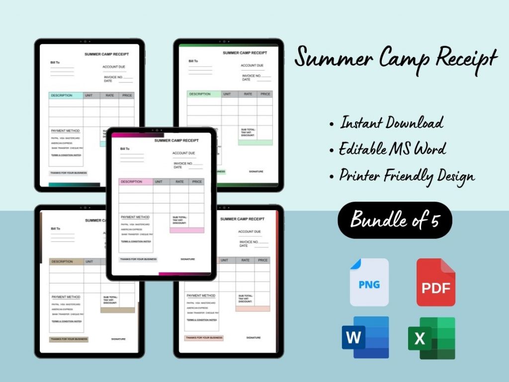 Summer Camp Receipt Template Printable Pdf, Excel, Word