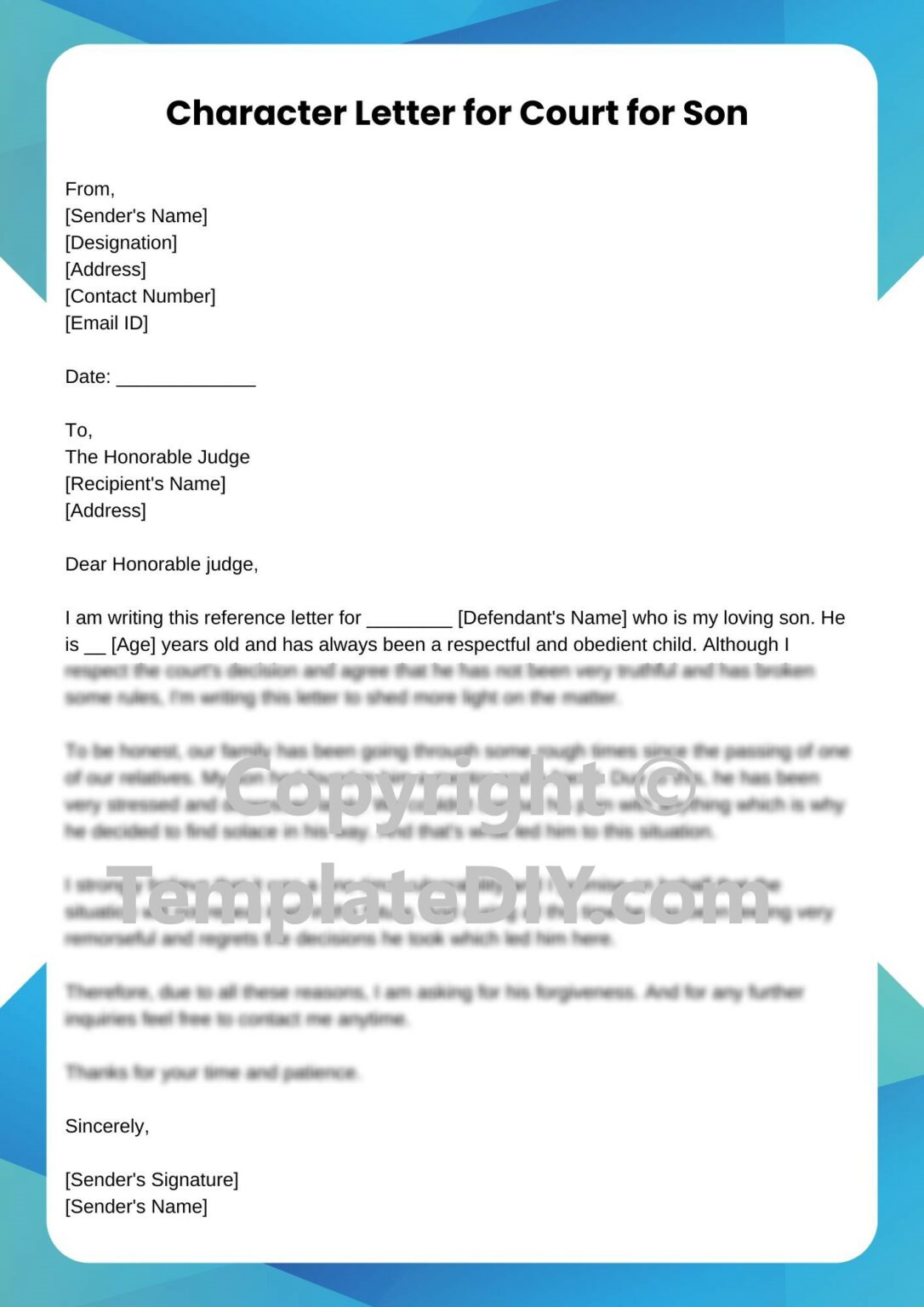 Court Character Letter for Son – PDF & Word Download