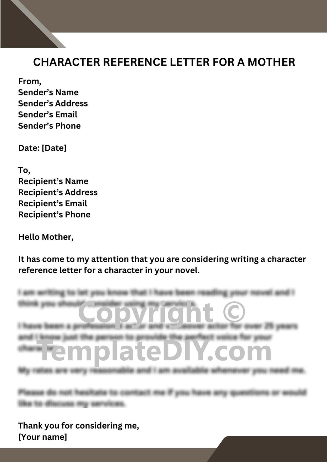 Character Letter for a Mother – Word & PDF Template