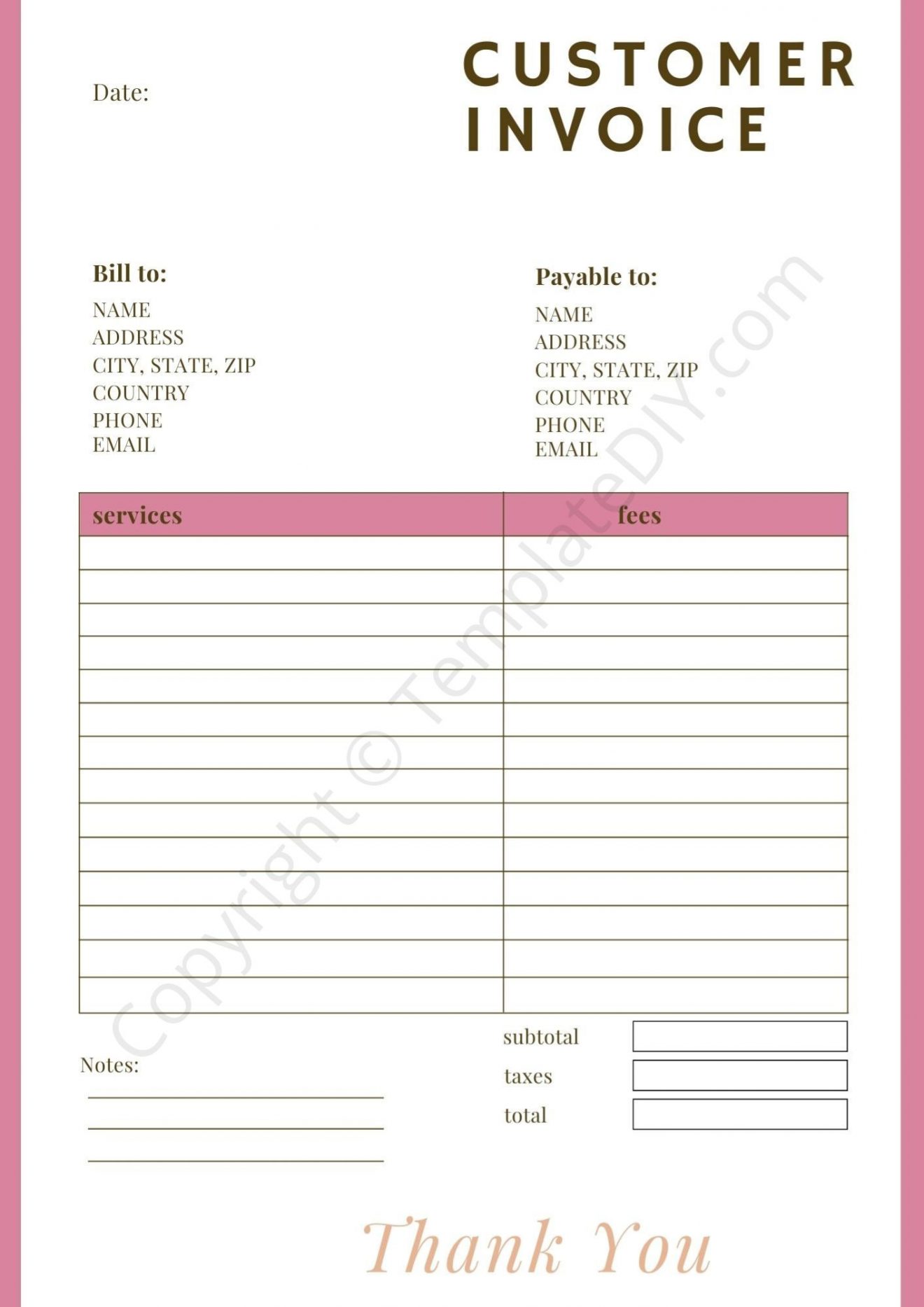Customer Invoice Template Printable Blank PDF, Excel, Word