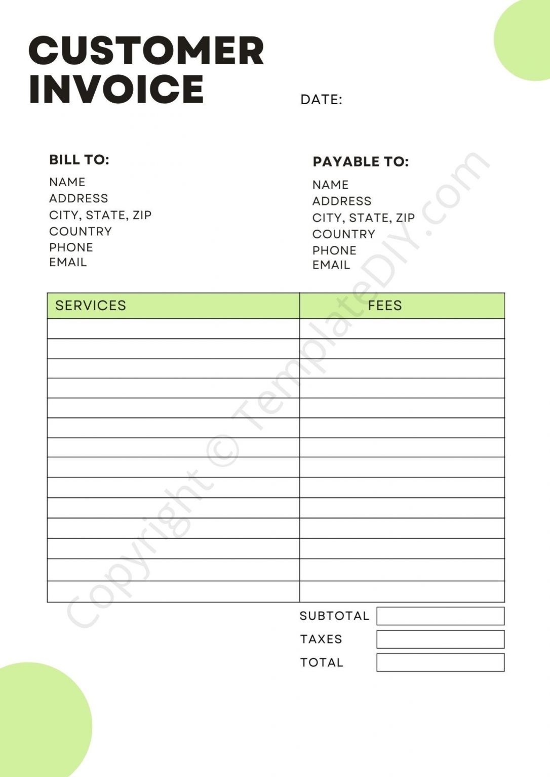 Customer Invoice Template Printable Blank PDF, Excel, Word