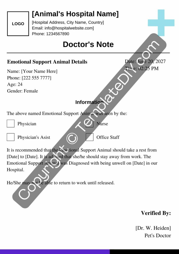 Emotional Support Animal Doctors Note Template PDF, Word