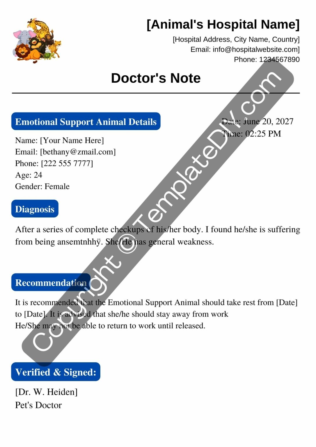 Emotional Support Animal Doctors Note Template PDF, Word