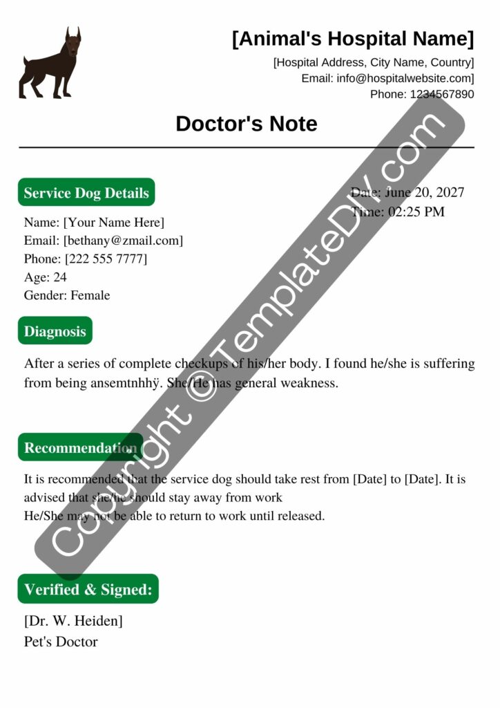Doctors Note for Service Dog Template Printable PDF, Word
