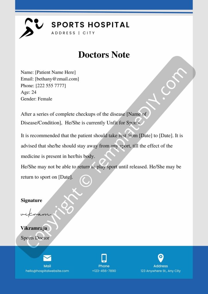 Doctors Note for Sports Template Printable in PDF, Word