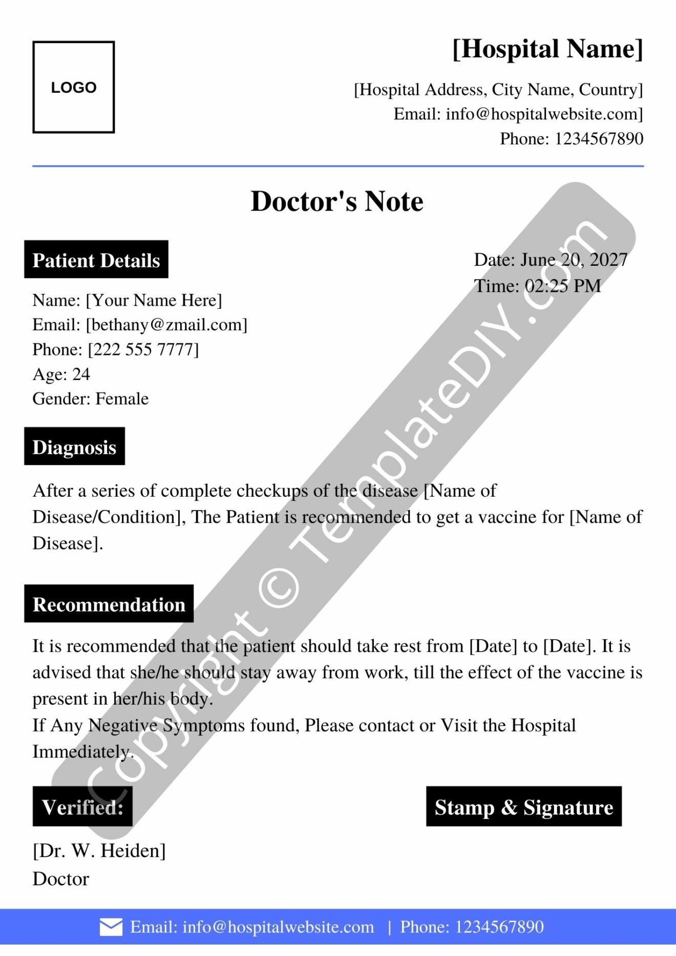 Doctors Note for Vaccine Template Printable in PDF, Word