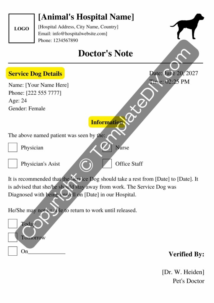 Doctors Note for Service Dog Template Printable PDF, Word
