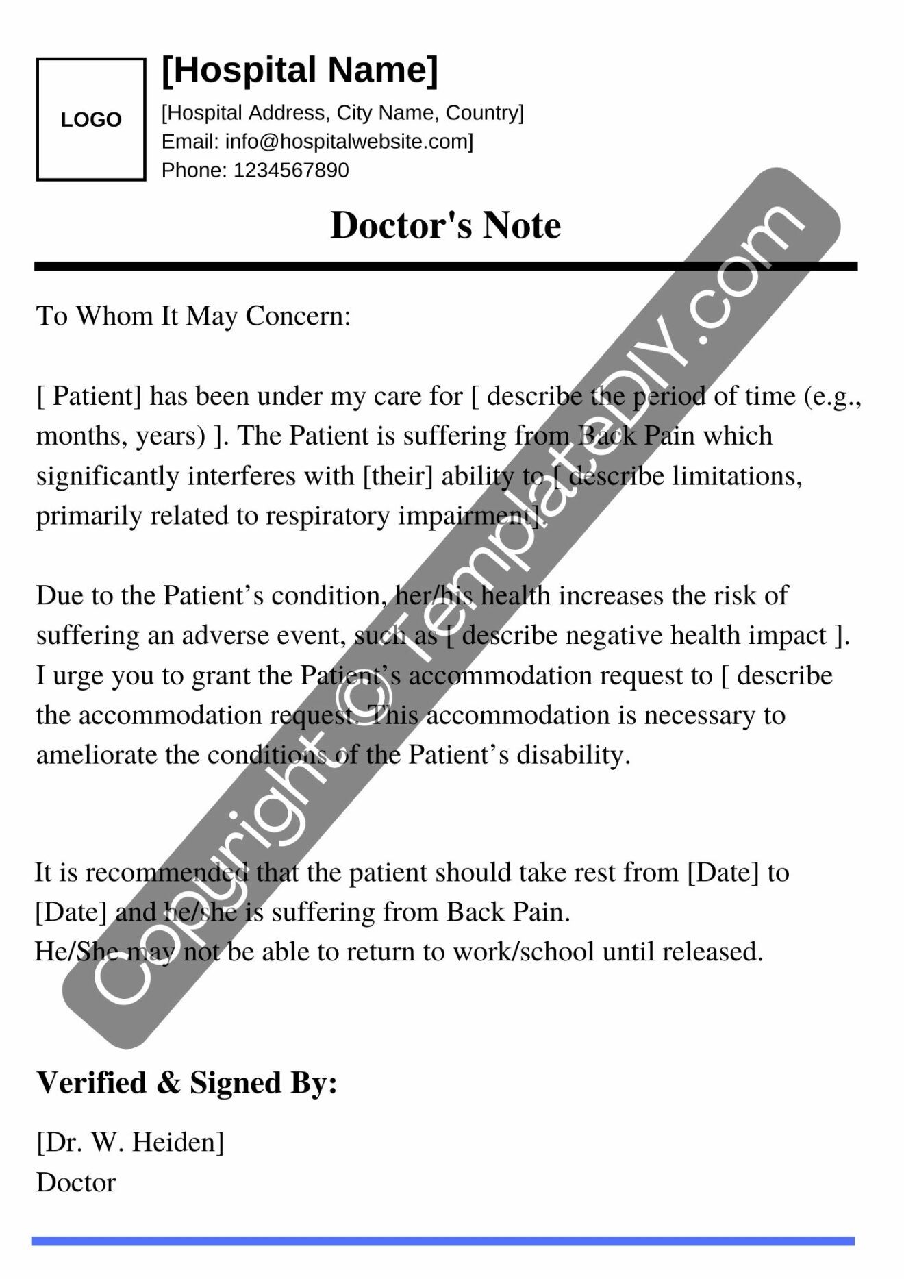 Doctors Note for Back Pain Template Printable in PDF, Word