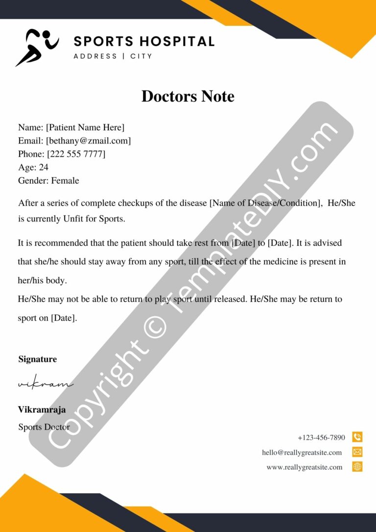 Doctors Note for Sports Template Printable in PDF, Word