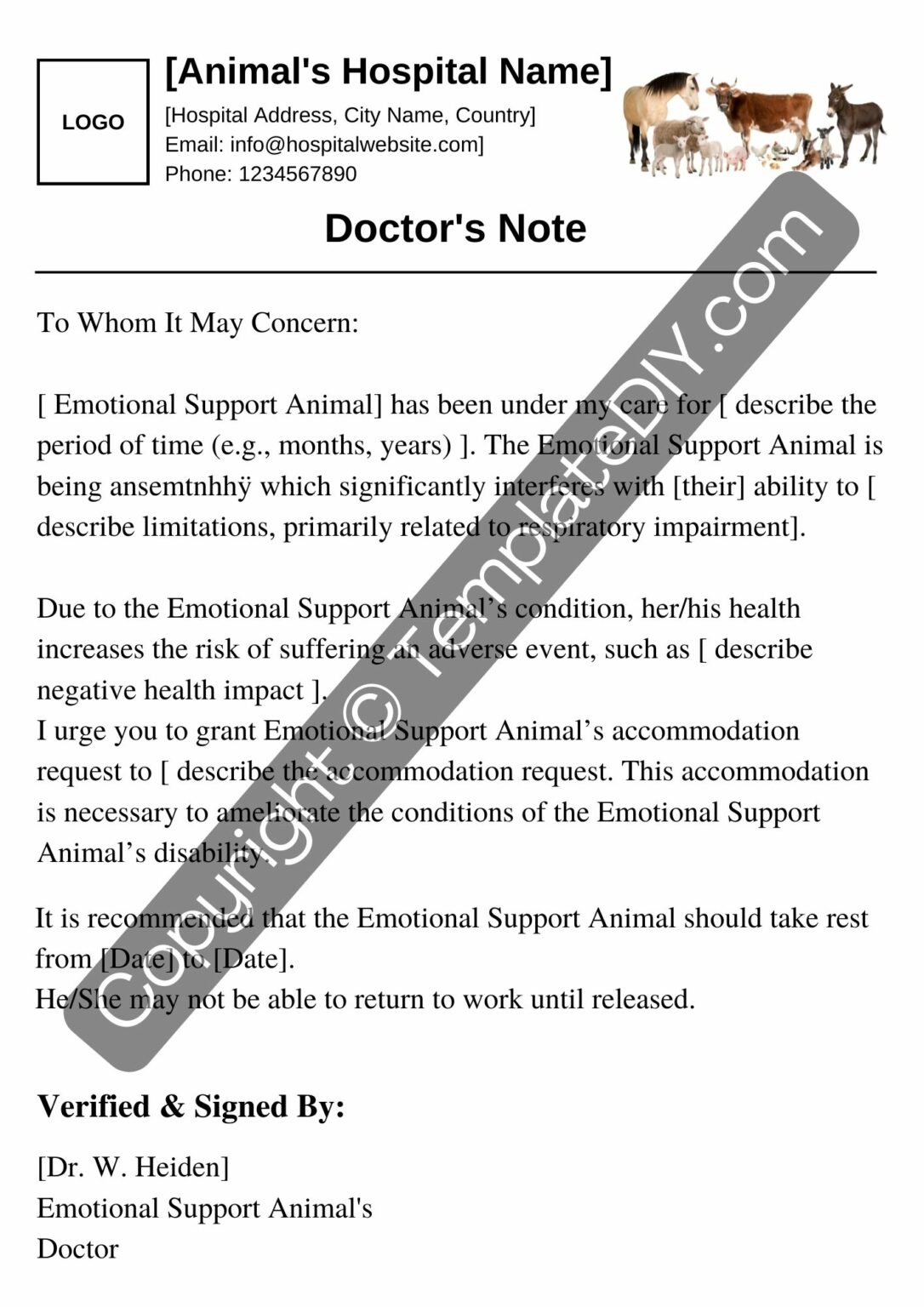 Emotional Support Animal Doctors Note Template PDF, Word