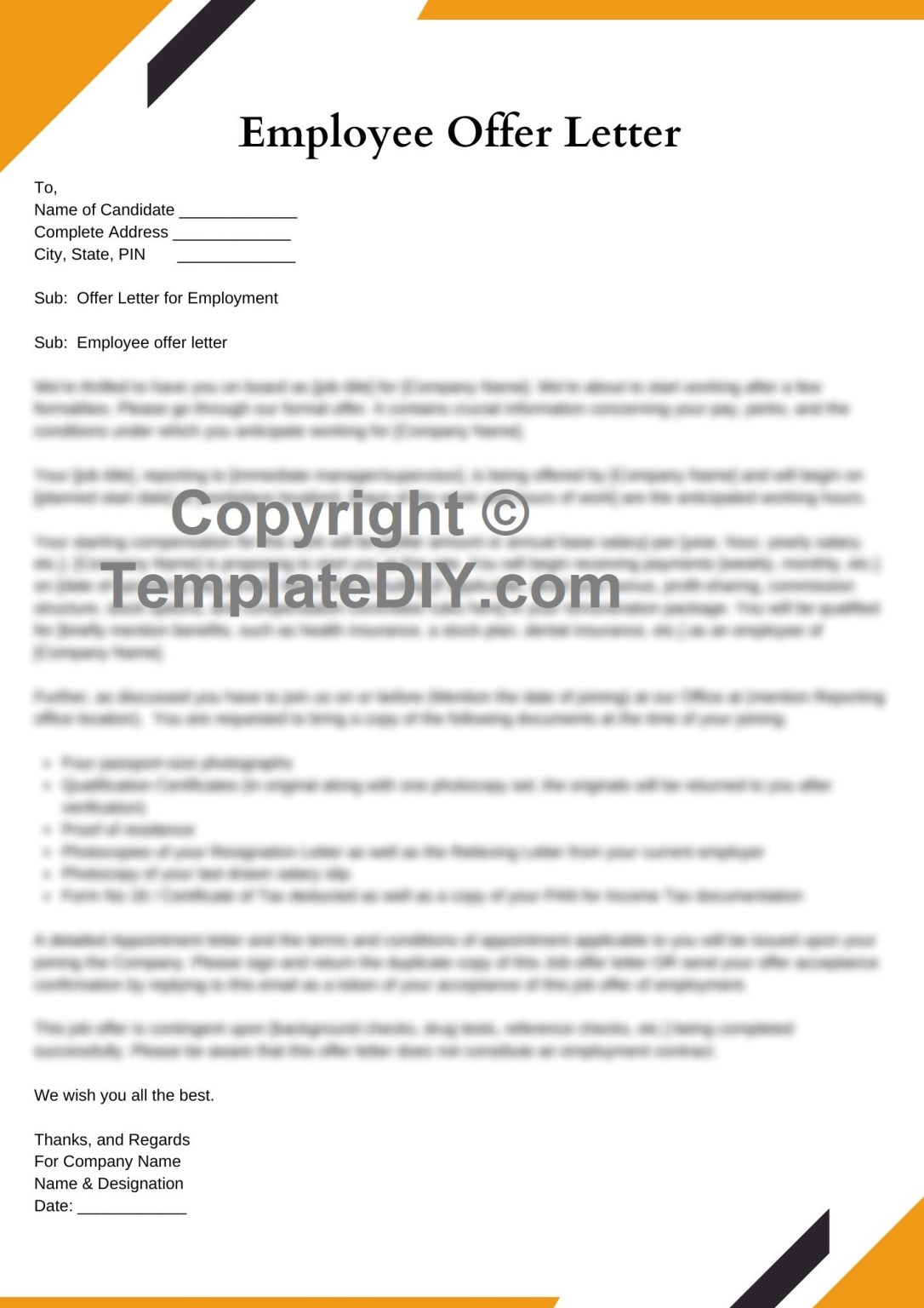Employee Offer Letter Template Sample in PDF, Word