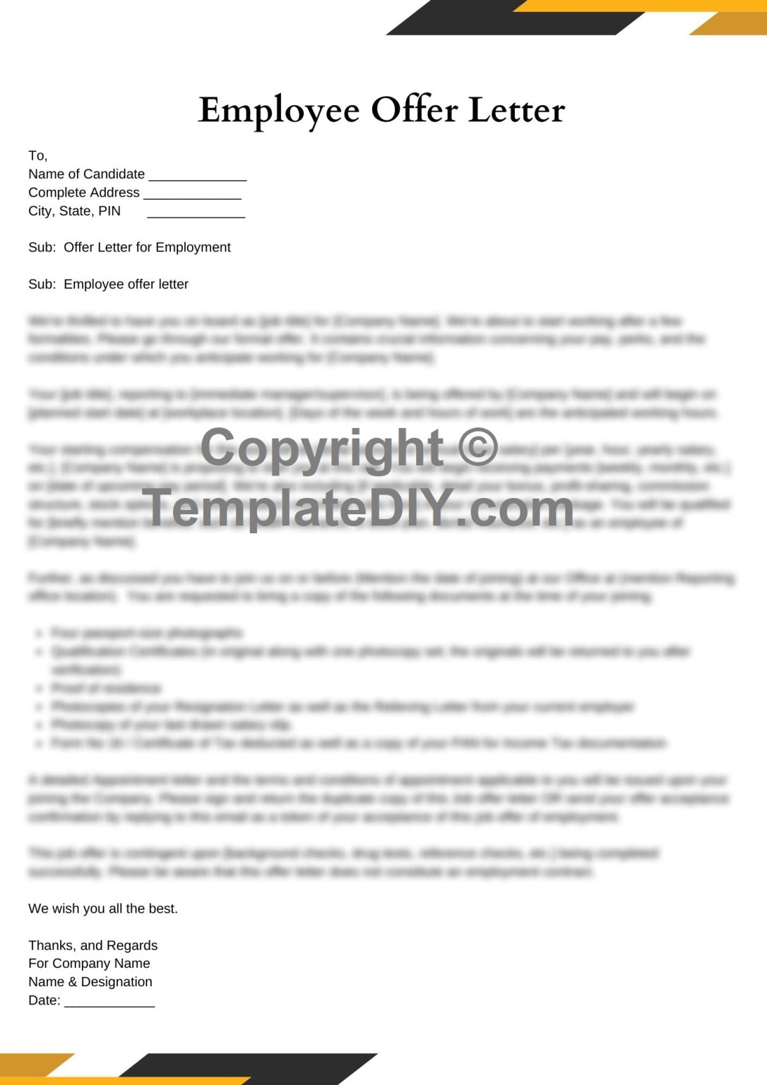 Employee Offer Letter Template Sample in PDF, Word