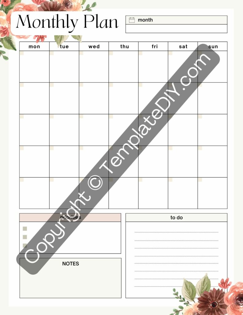 Floral Monthly Planner Template Printable Pdf, Word, Excel