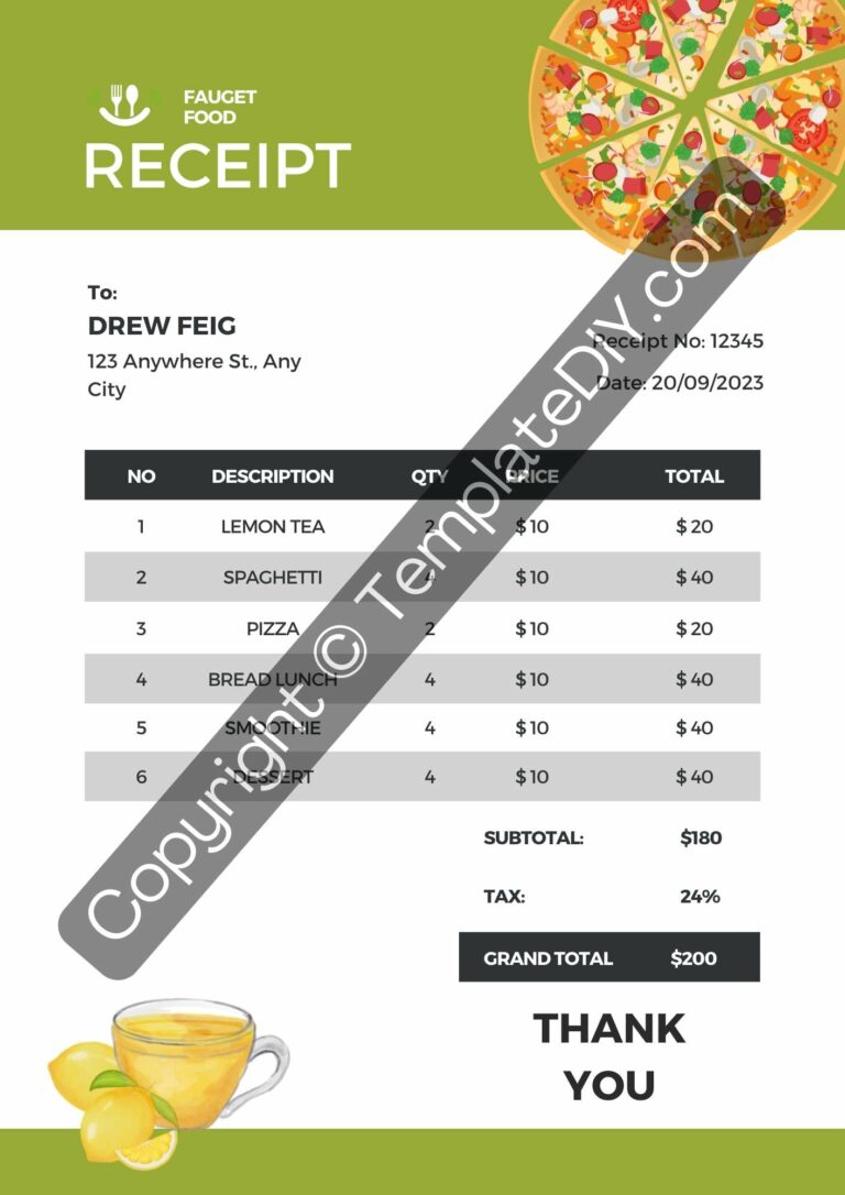 Food Receipt Template Blank Printable PDF, Word, Excel