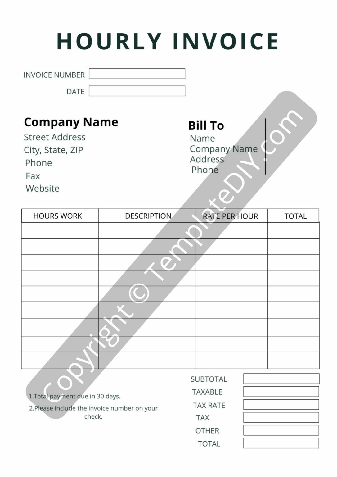 Hourly Invoice Template Blank Printable PDF, Excel, Word