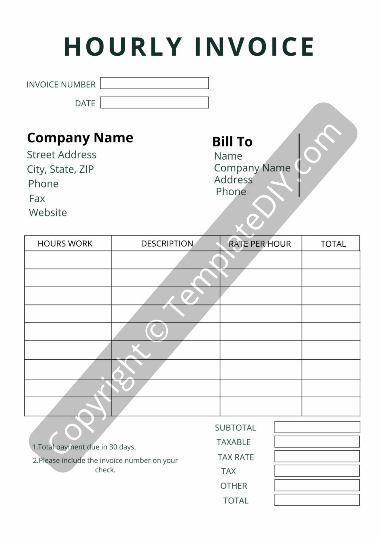 Hourly Invoice Template Blank Printable PDF, Excel, Word