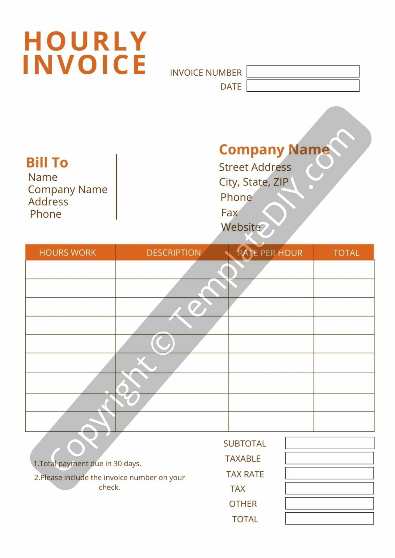 Hourly Invoice Template Blank Printable PDF, Excel, Word