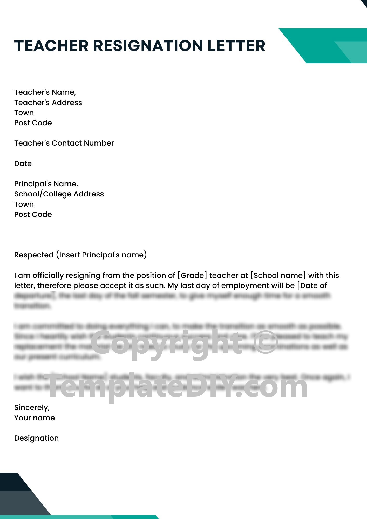 Teacher Resignation Letter Sample Template in Pdf & Word
