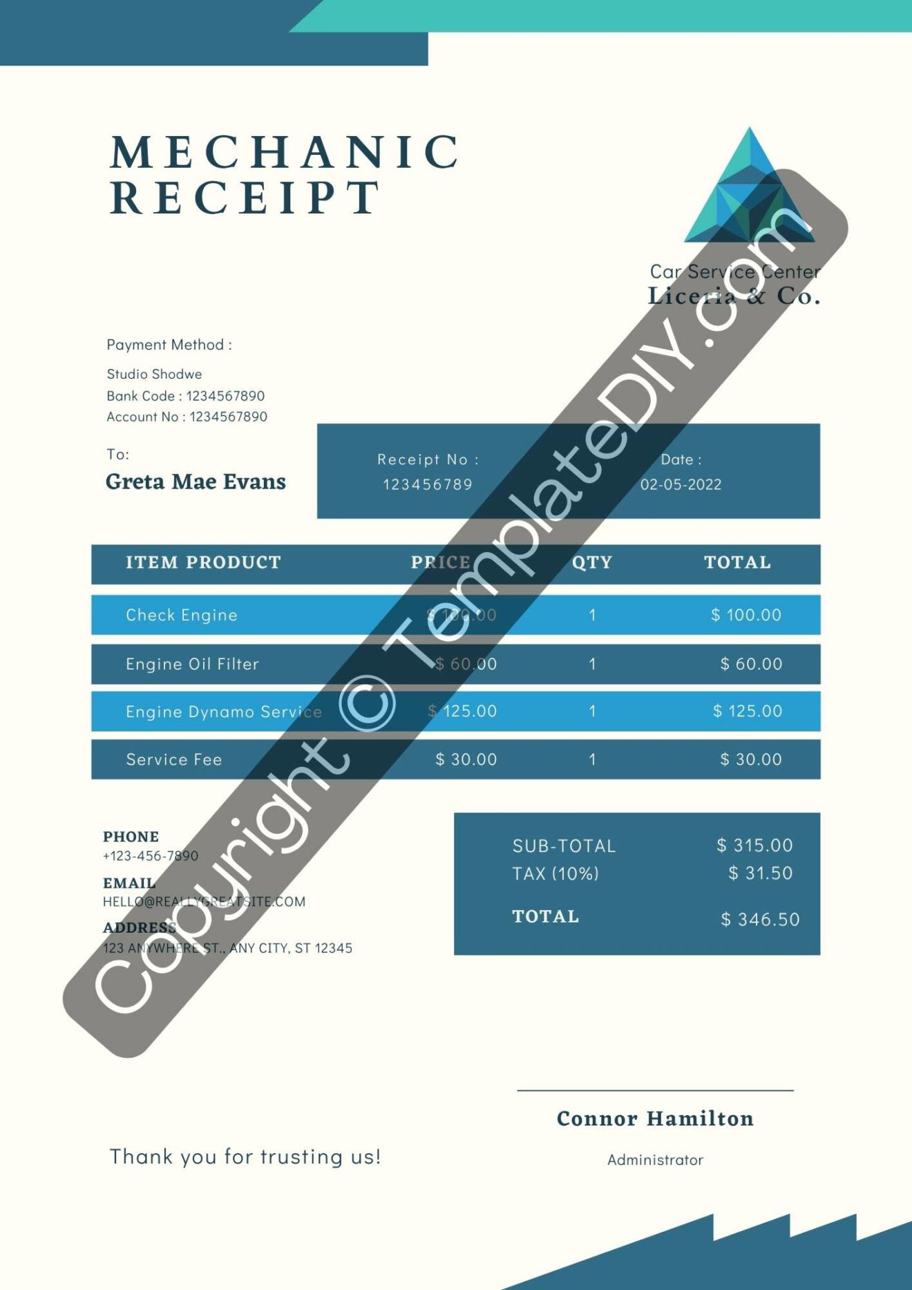 Mechanic Receipt Template Blank Printable PDF, Excel, Word