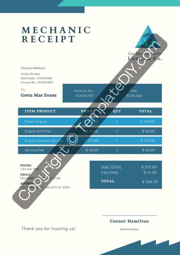 Mechanic Receipt Template Blank Printable PDF, Excel, Word