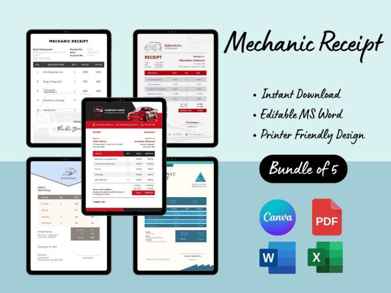 Mechanic Receipt Template Blank Printable PDF, Excel, Word