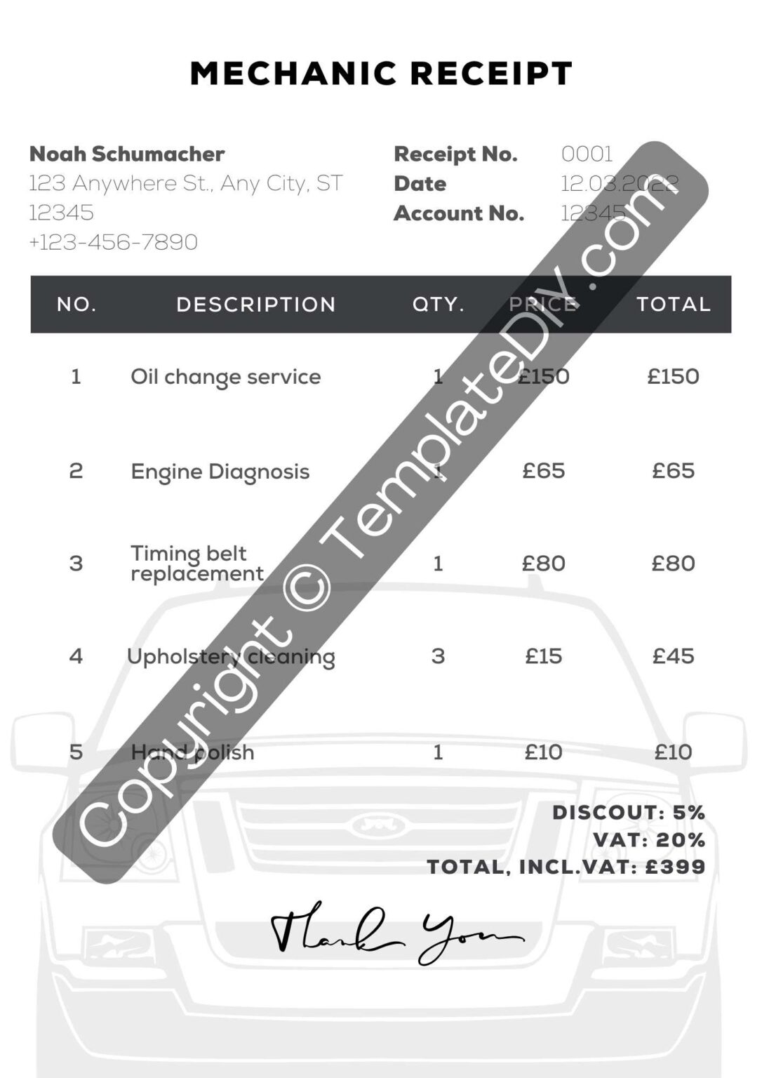 Mechanic Receipt Template Blank Printable PDF, Excel, Word