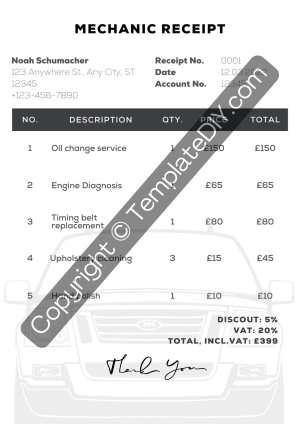 Mechanic Receipt Template Blank Printable PDF, Excel, Word