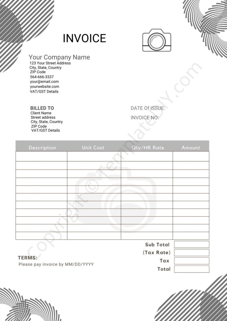 Photography Receipt Template Printable PDF, Excel, Word
