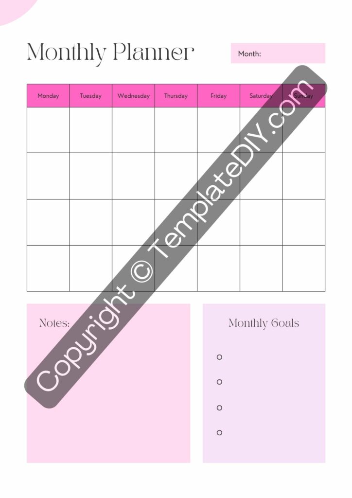 Pink Monthly Planner Template Printable in Pdf, Word, Excel
